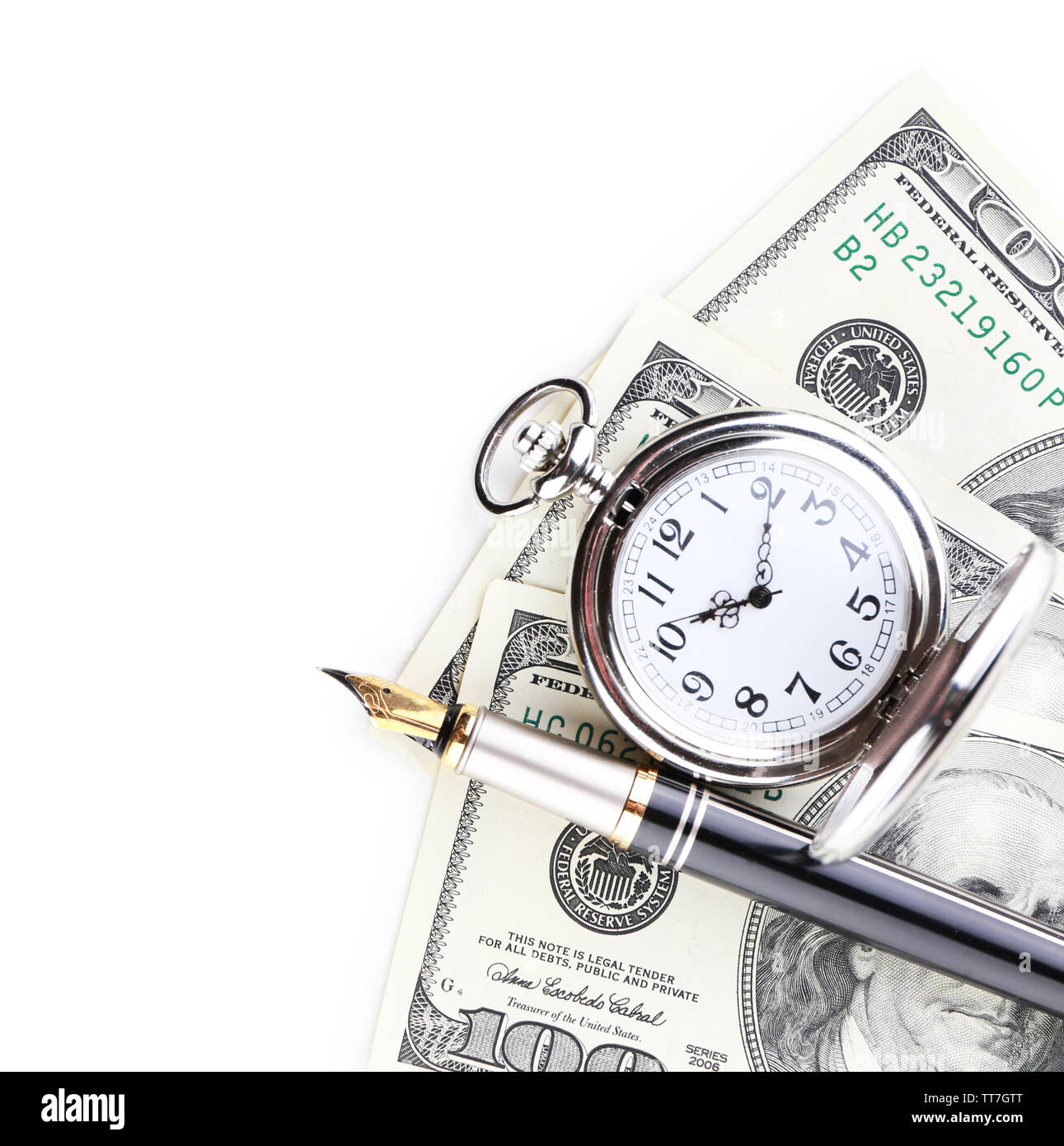 Silver pocket clock and money isolated on white. Time is money concept ...