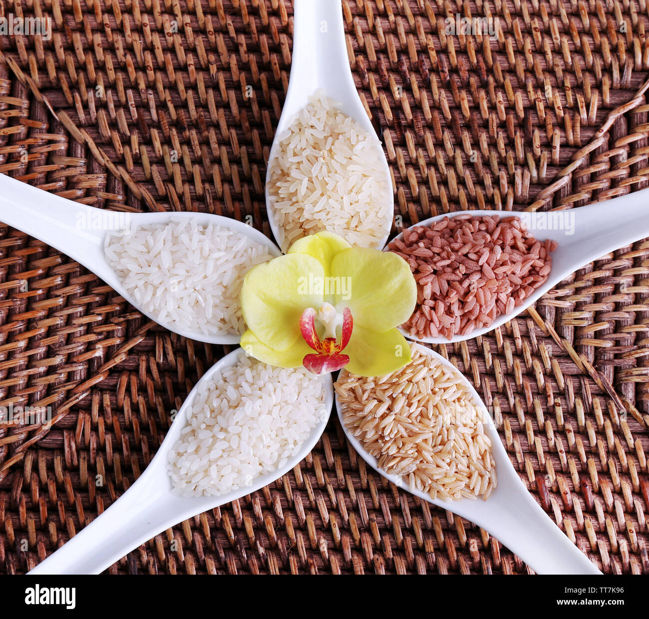 Different types of rice in spoons on wicker background Stock Photo - Alamy