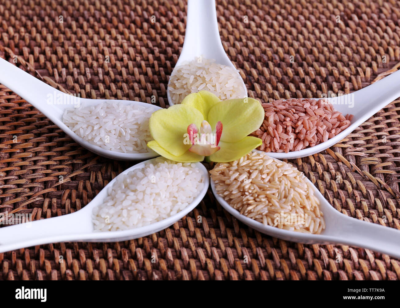 Different types of rice in spoons on wicker background Stock Photo - Alamy