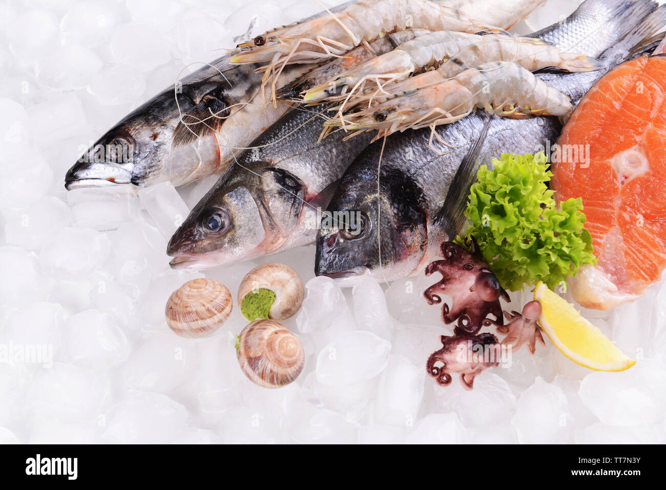 Fresh fish and other seafood on ice Stock Photo - Alamy