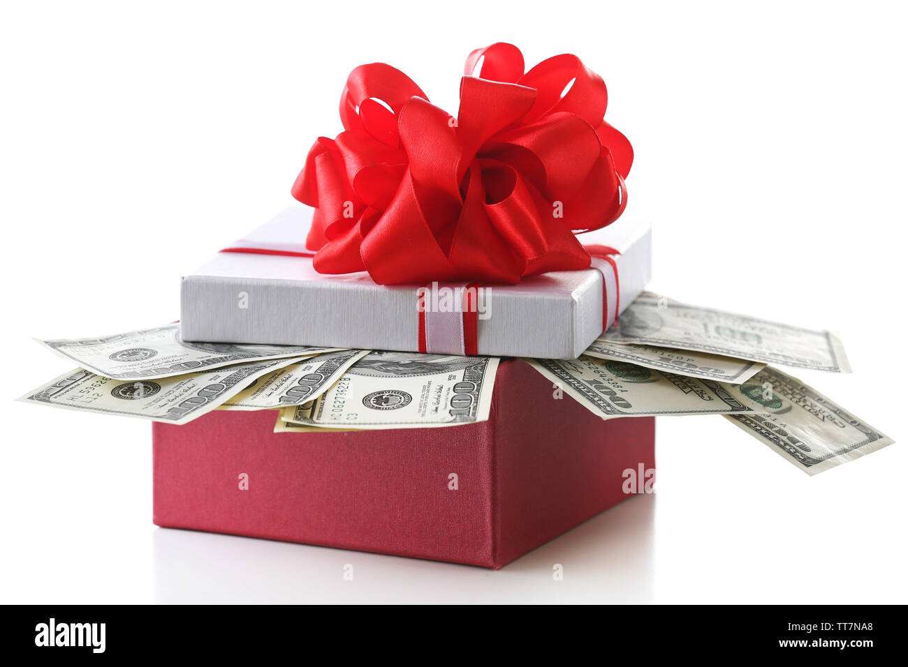 Bundle of dollars in present box with bow isolated on white Stock Photo ...
