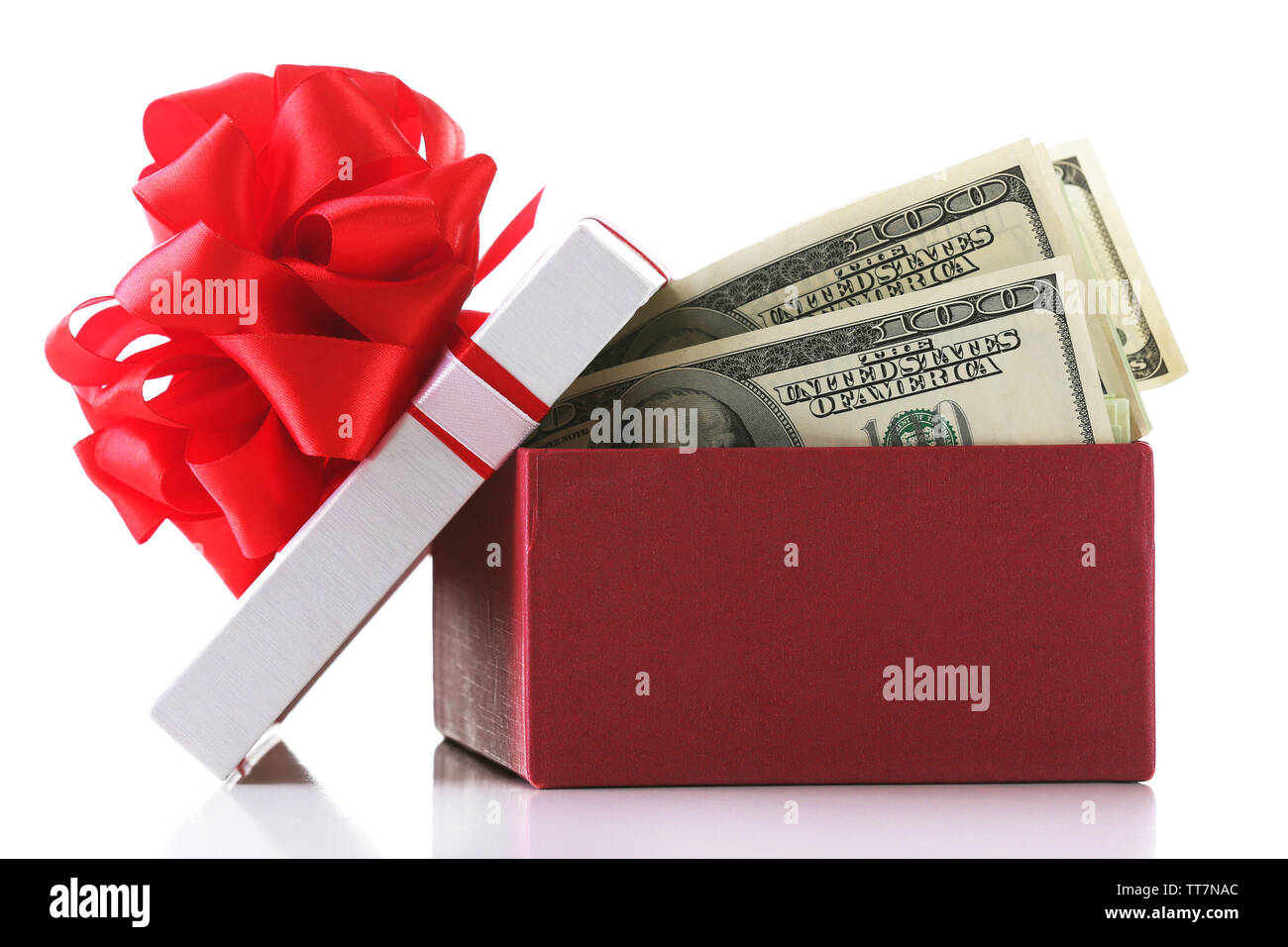 Bundle of dollars in present box with bow isolated on white Stock Photo ...