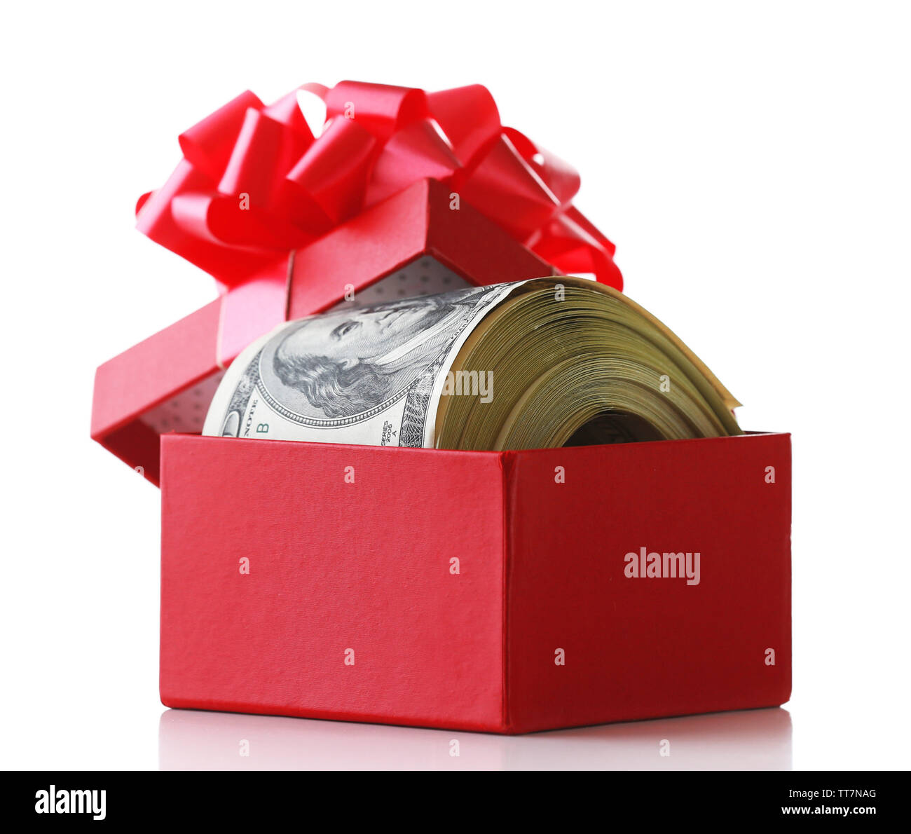 Bundle of dollars in present box with bow isolated on white Stock Photo ...
