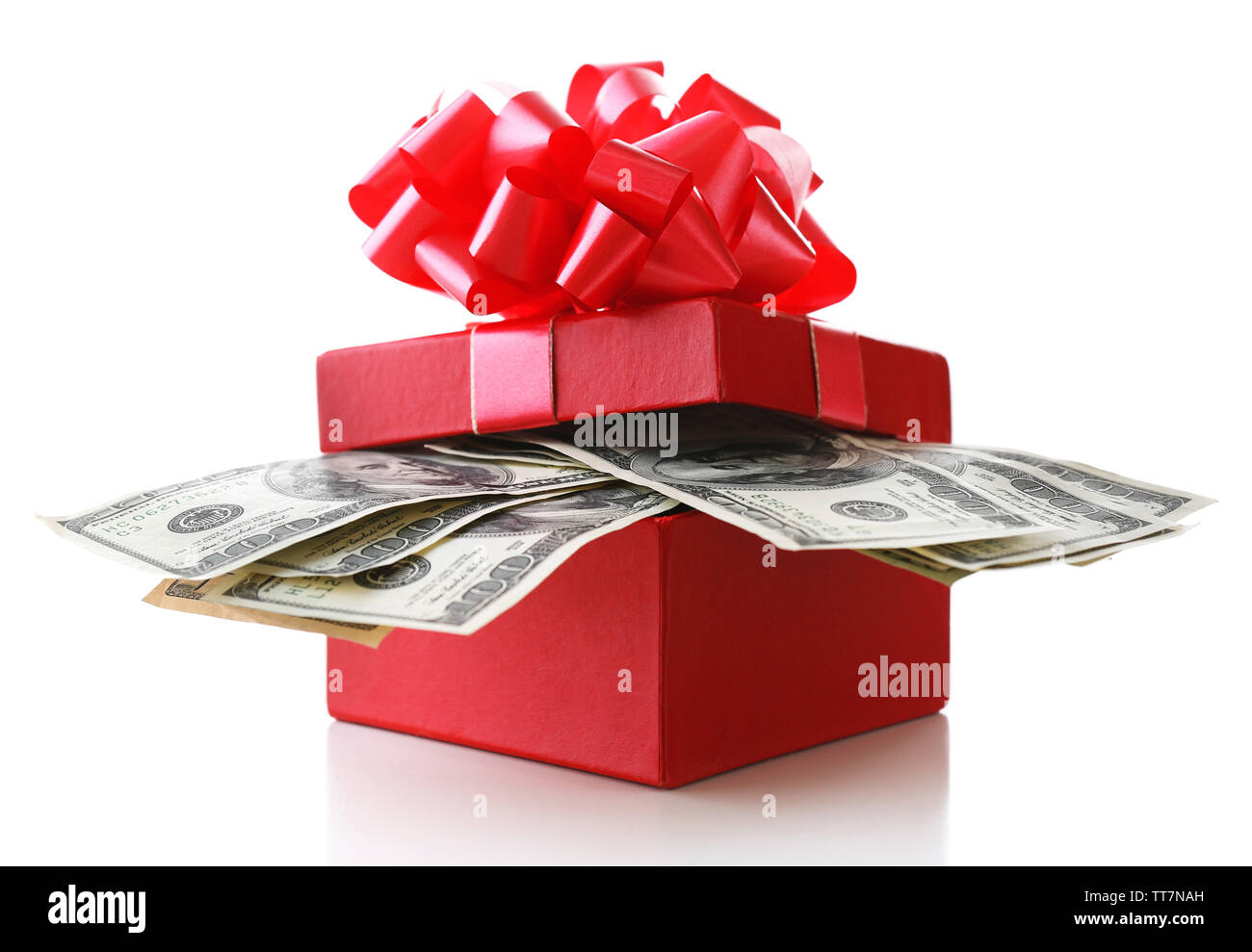Bundle of dollars in present box with bow isolated on white Stock Photo ...