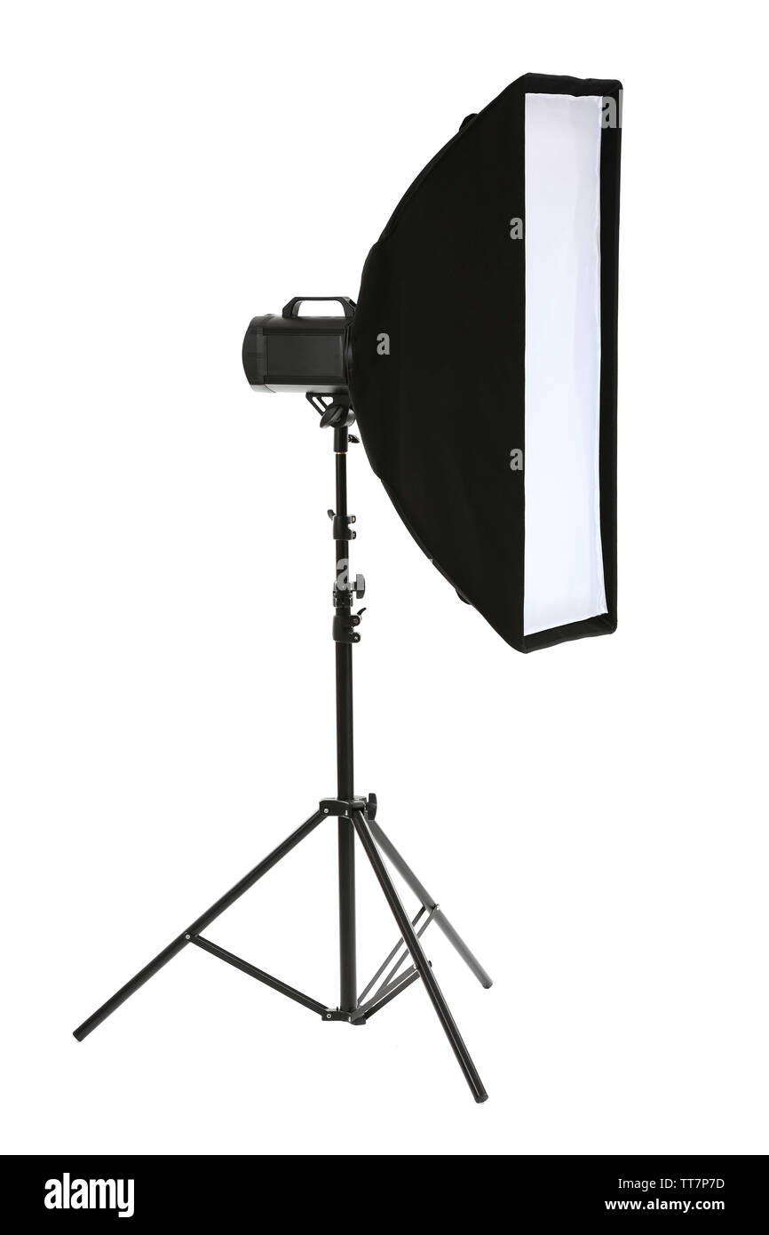 Studio flash with soft box isolated on white Stock Photo - Alamy