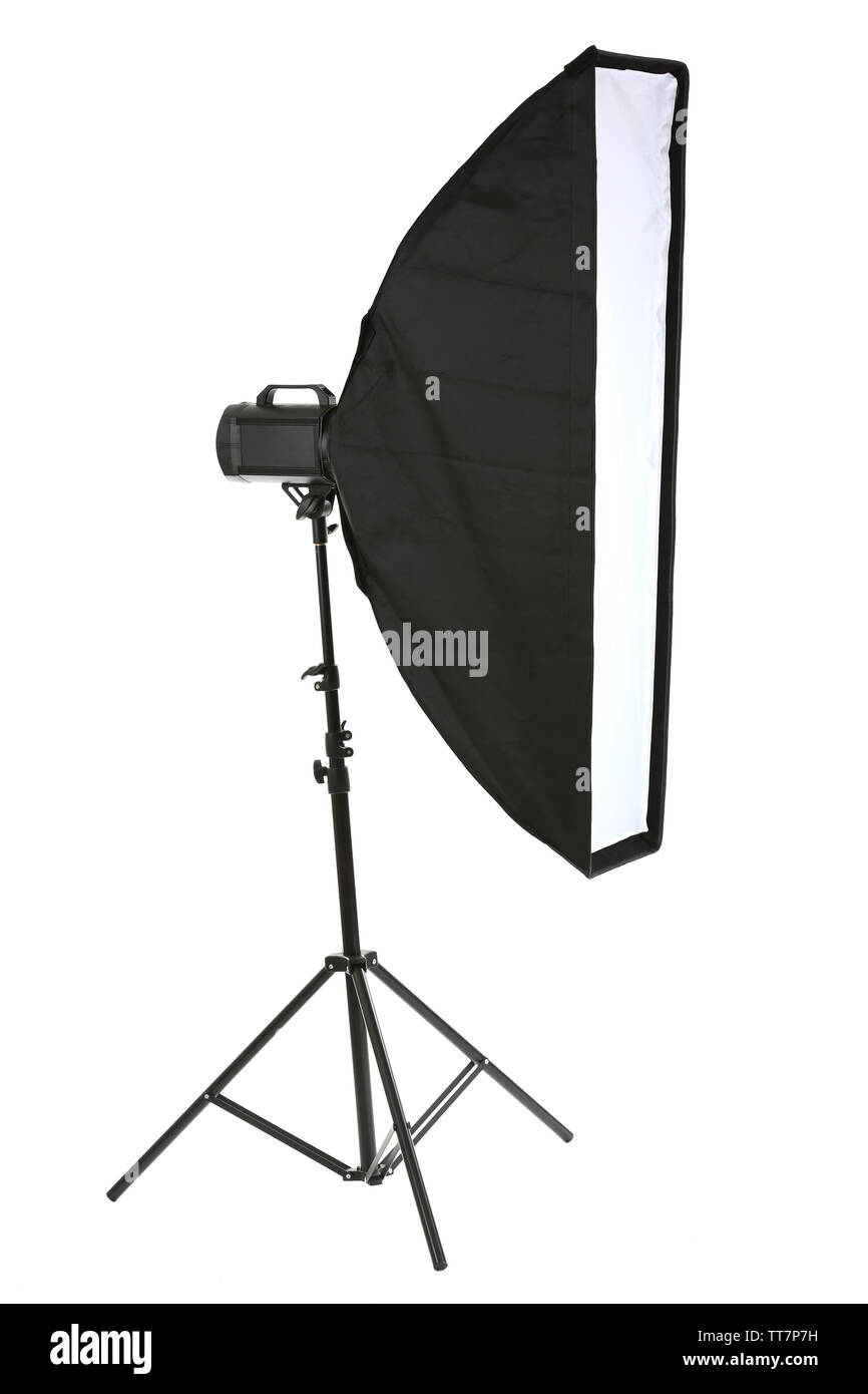 Studio flash with soft box isolated on white Stock Photo - Alamy