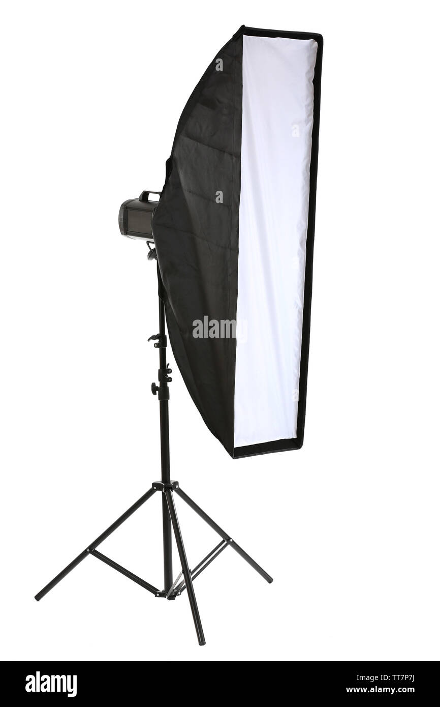 Studio flash with soft box isolated on white Stock Photo - Alamy