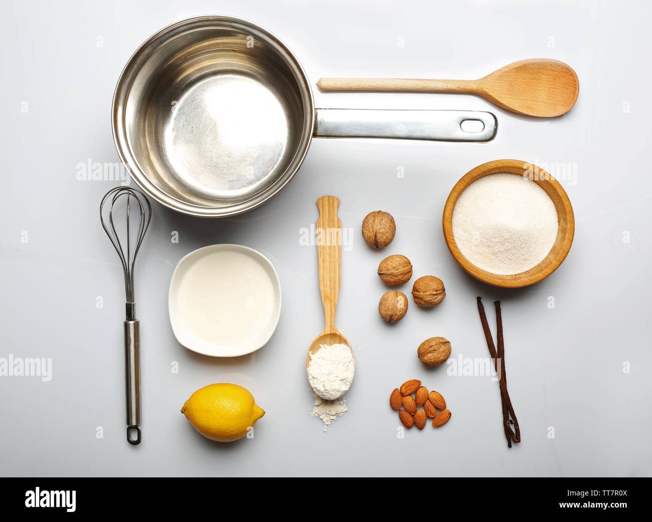 Food ingredients and kitchen utensils for cooking isolated on white ...