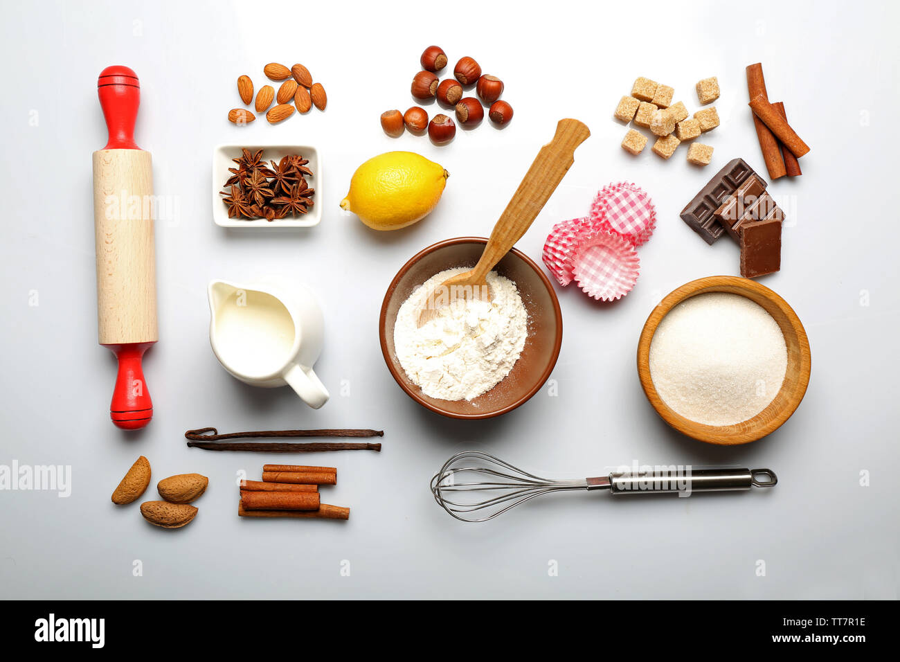 Food ingredients and kitchen utensils for cooking isolated on white ...