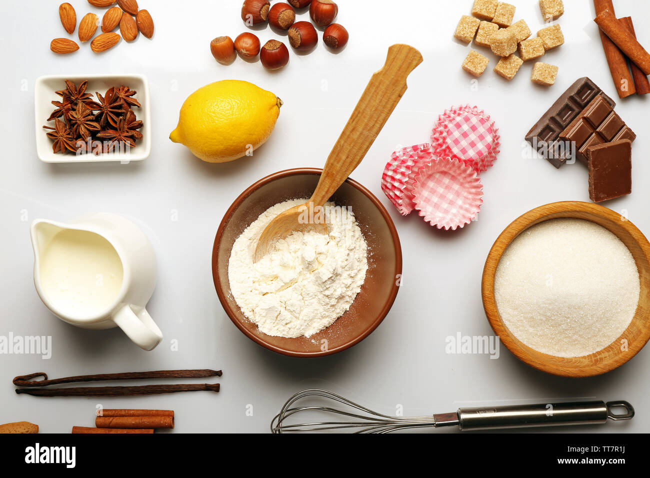 Food ingredients and kitchen utensils for cooking on white background ...