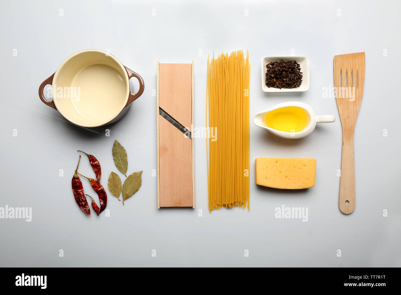 Food ingredients and kitchen utensils for cooking isolated on white ...