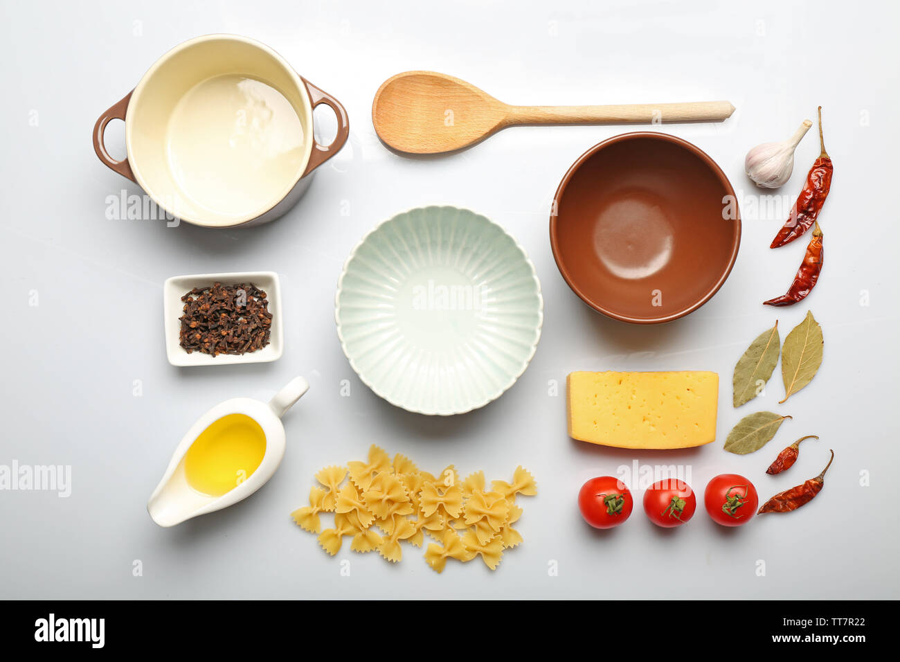 Food ingredients and kitchen utensils for cooking isolated on white ...