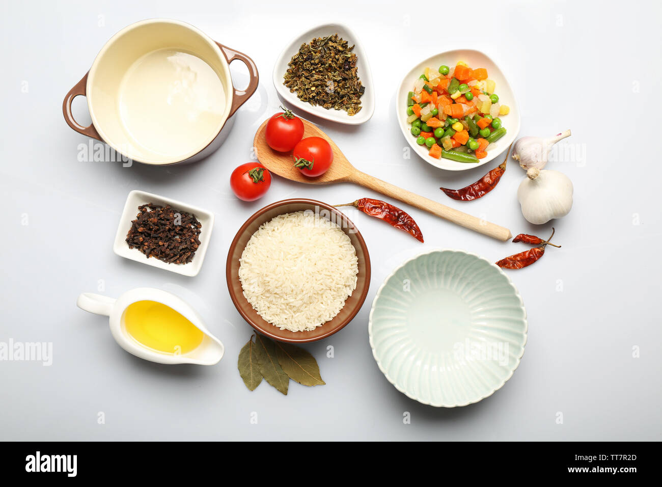 Food ingredients and kitchen utensils for cooking isolated on white ...