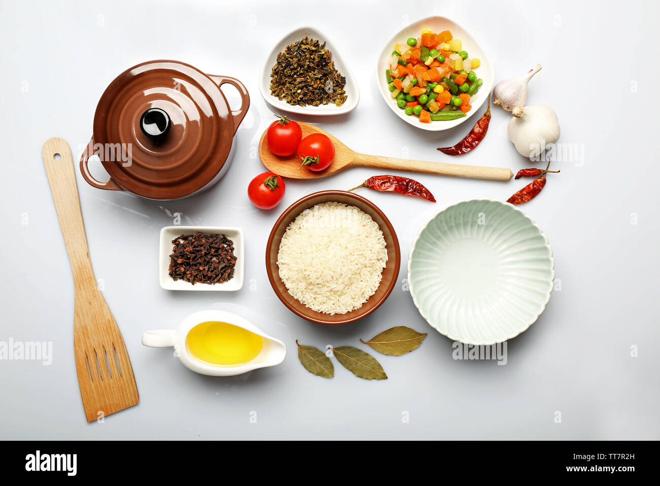 Food ingredients and kitchen utensils for cooking isolated on white ...
