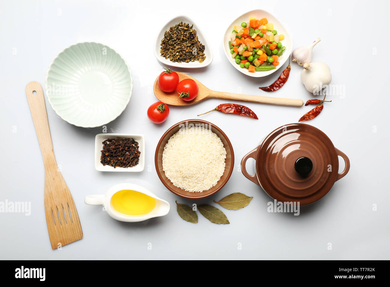 Food ingredients and kitchen utensils for cooking isolated on white ...