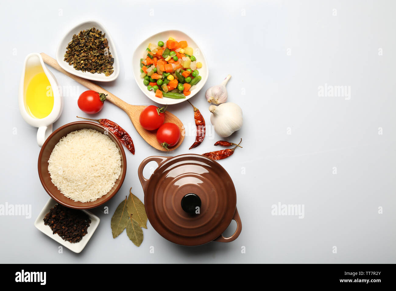 Food ingredients and kitchen utensils for cooking isolated on white ...