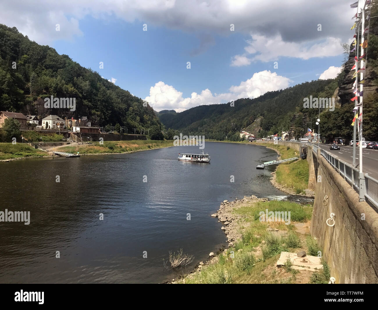 Elbe River in the Bohemian Switzerland National Park with ferryboat ...