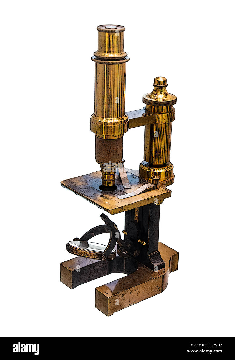 Vintage brass microscope isolated on white background. A monocular ...