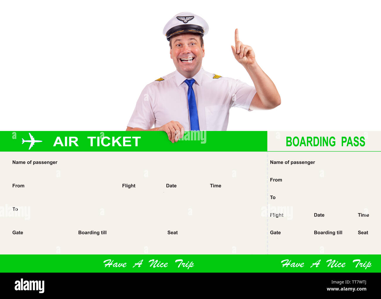 A cheerful pilot hold air ticket and show finger up, isolated on white ...