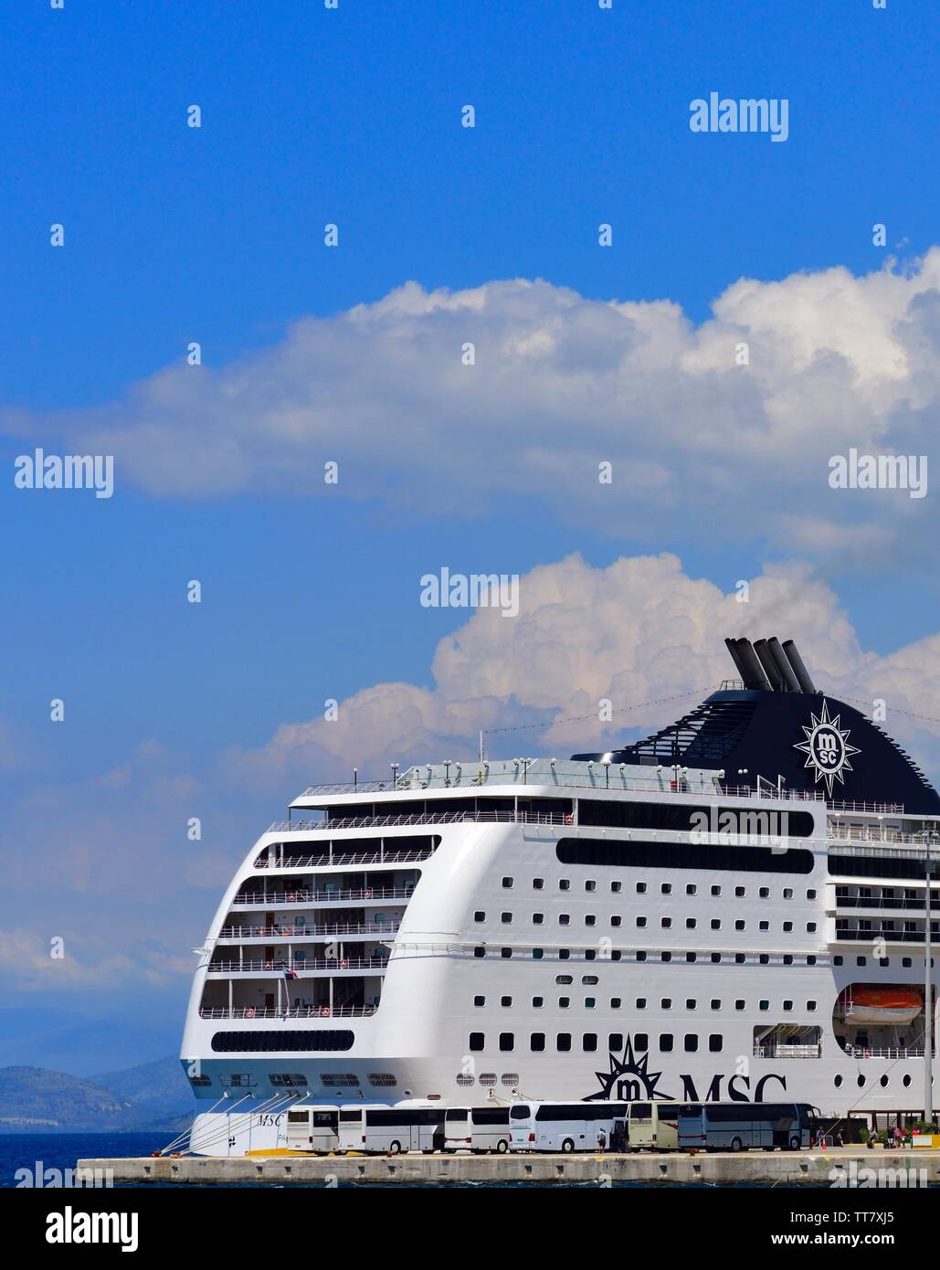 Cruise ship,Corfu port,coaches waiting to pick up passengers,Kerkyra ...