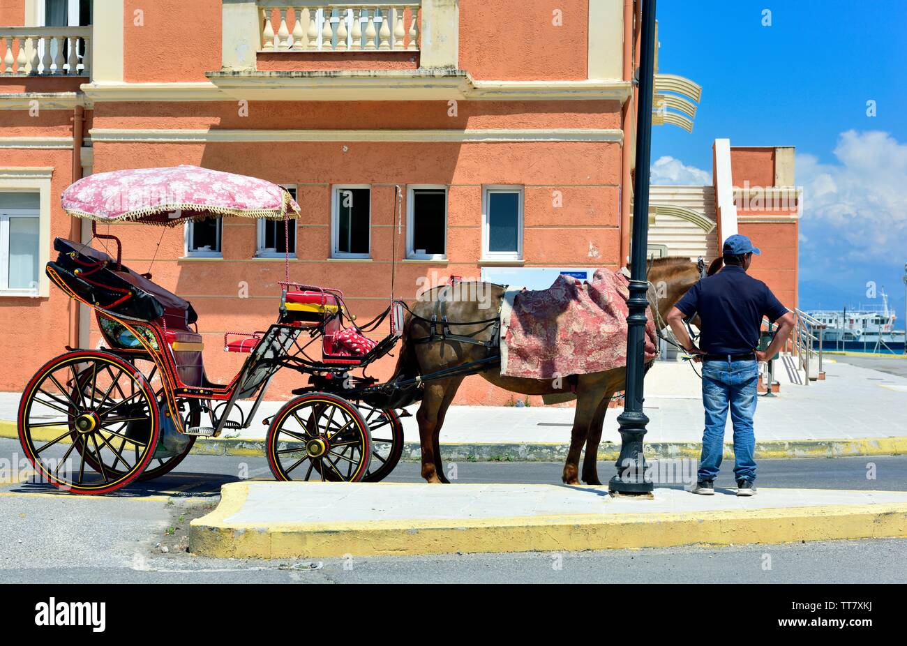 Horse drawn carriage ride, waiting for passengers at Corfu Port,Kerkyra ...