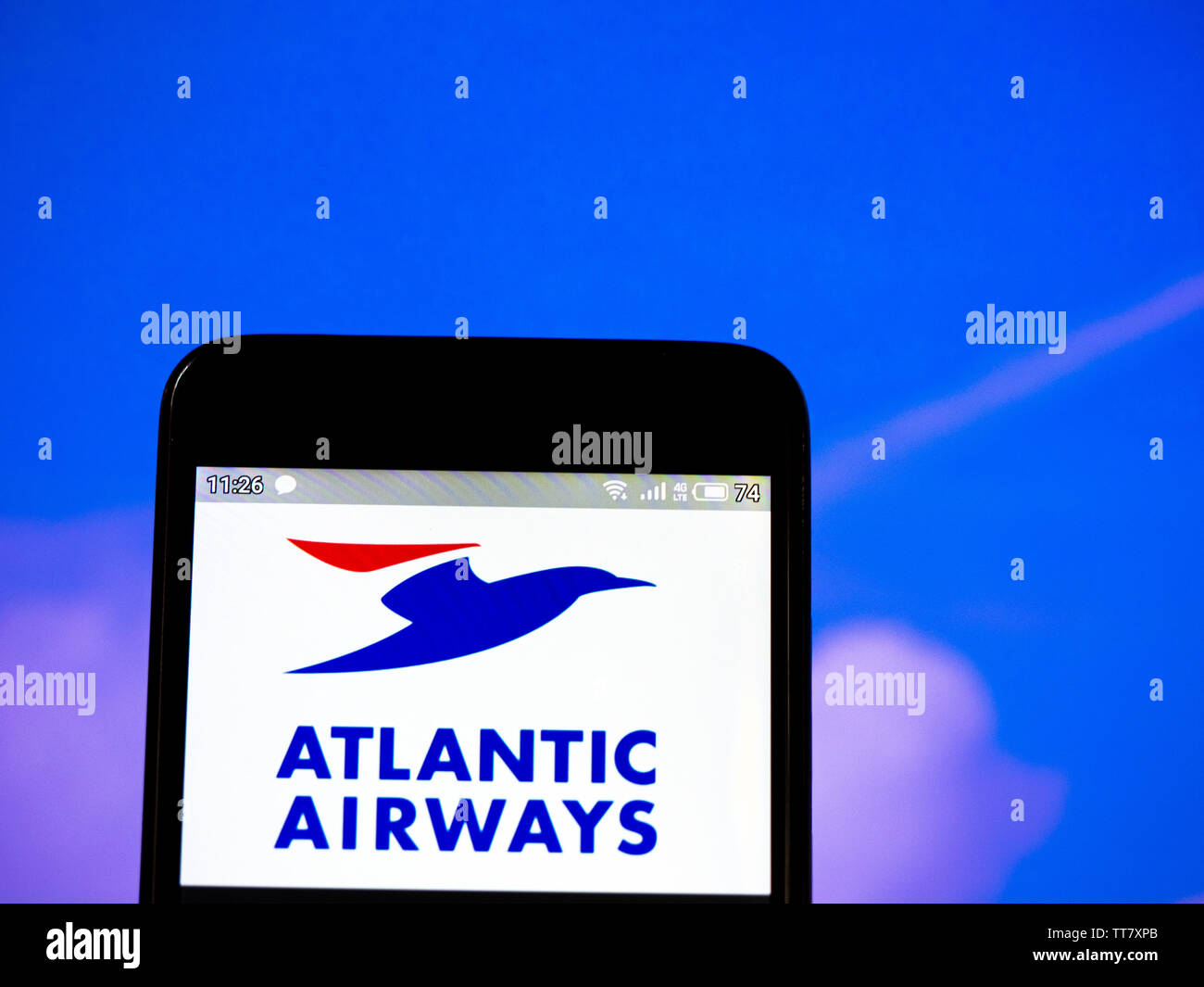 In this photo illustration the Atlantic Airways logo is seen displayed ...