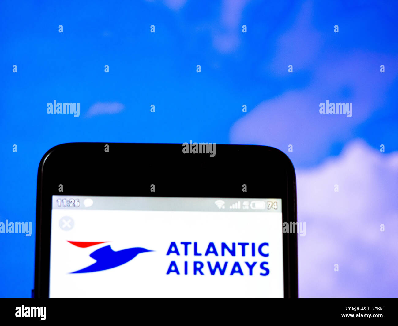 In this photo illustration the Atlantic Airways logo is seen displayed ...
