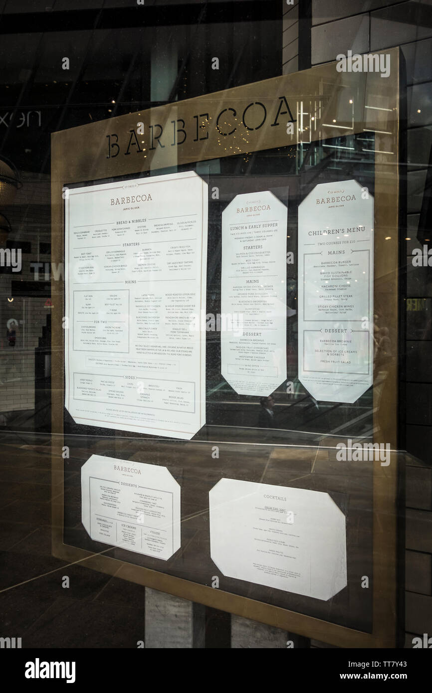 Menu in the window of Jamie Oliver's Barbecoa restaurant, New Change ...