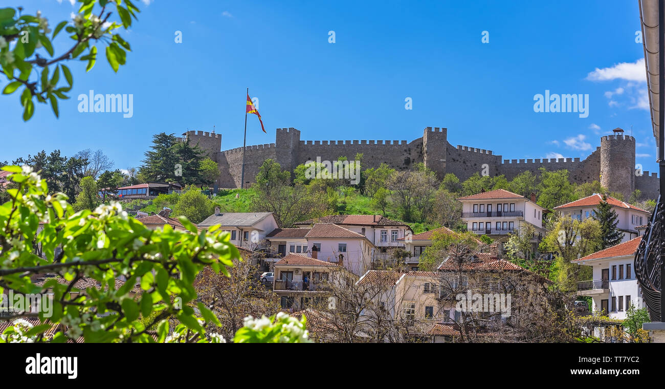 Panoramic view of the massive walls of the castle Samuil, located above ...