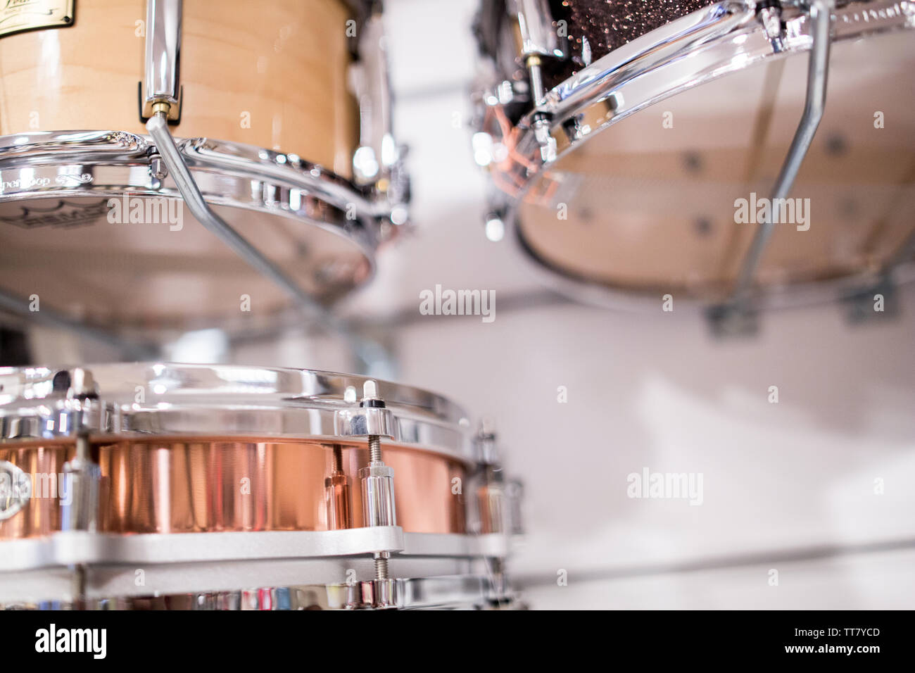 snare side drums for drummers at music store ready to perform drum solo ...