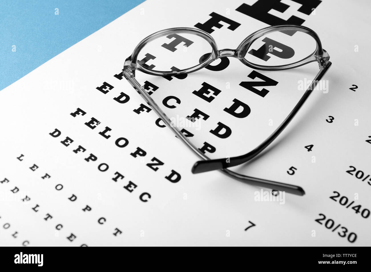 Glasses on eye chart close-up Stock Photo - Alamy