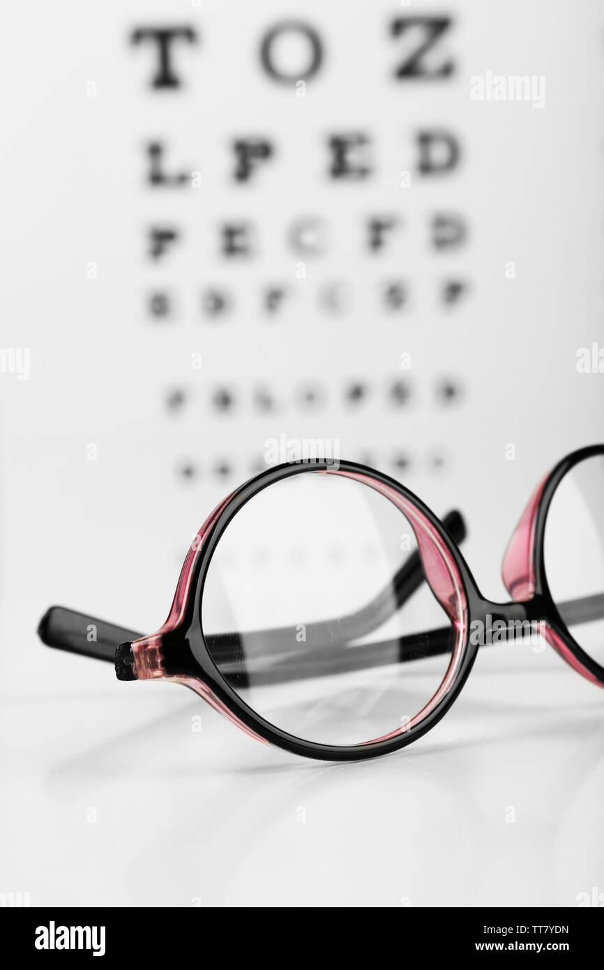 Glasses on eye chart background, close-up Stock Photo - Alamy