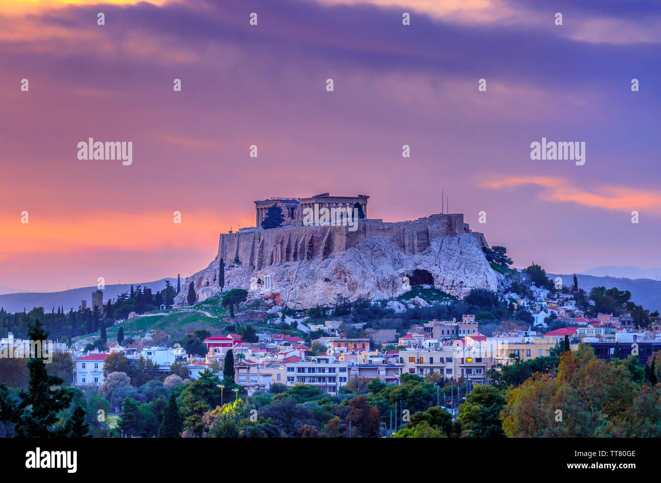 The Acropolis of Athens city in Greece with the Parthenon Temple (dedicated to goddess Athena ...