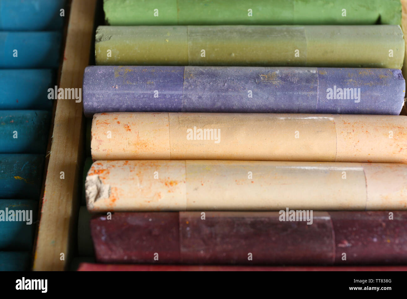 Colorful chalk pastels in box close up Stock Photo - Alamy