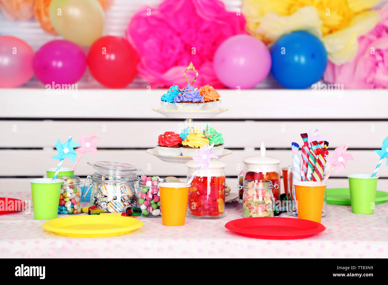 Prepared birthday table with sweets for children party Stock Photo - Alamy
