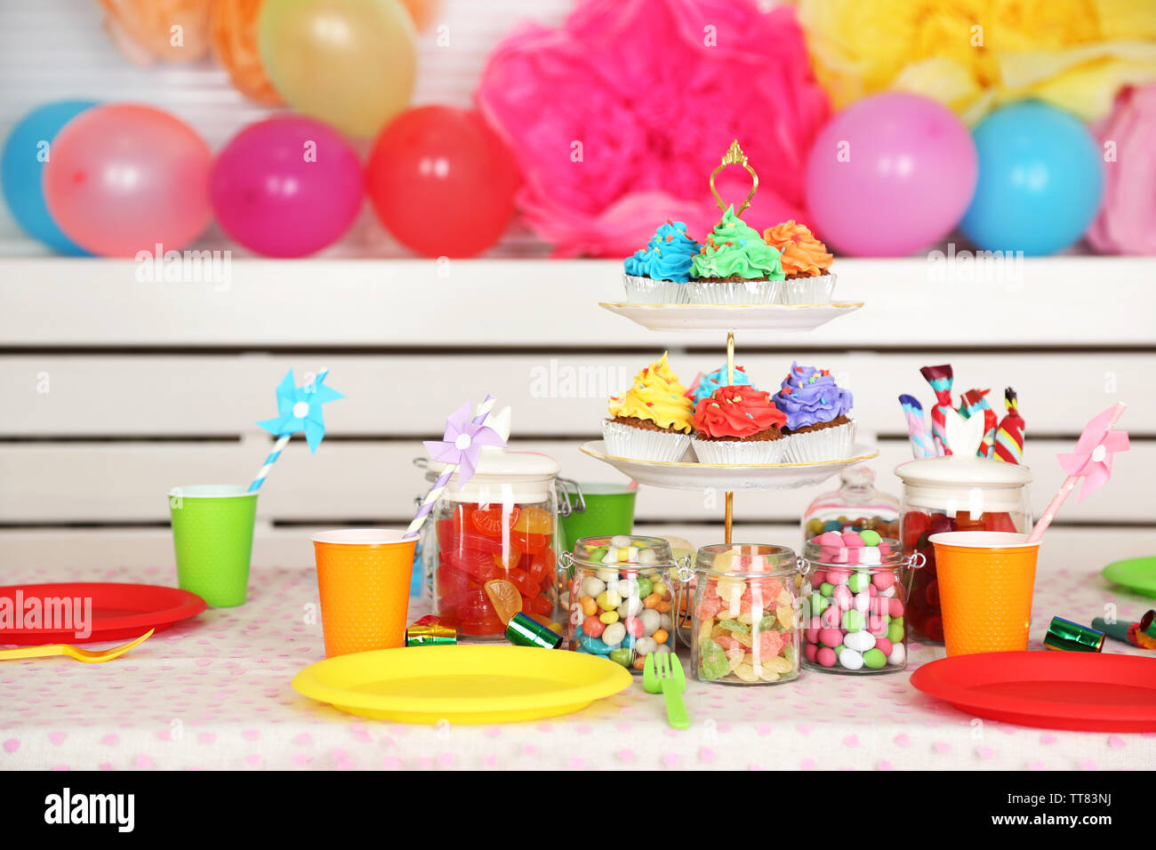Prepared birthday table with sweets for children party Stock Photo - Alamy