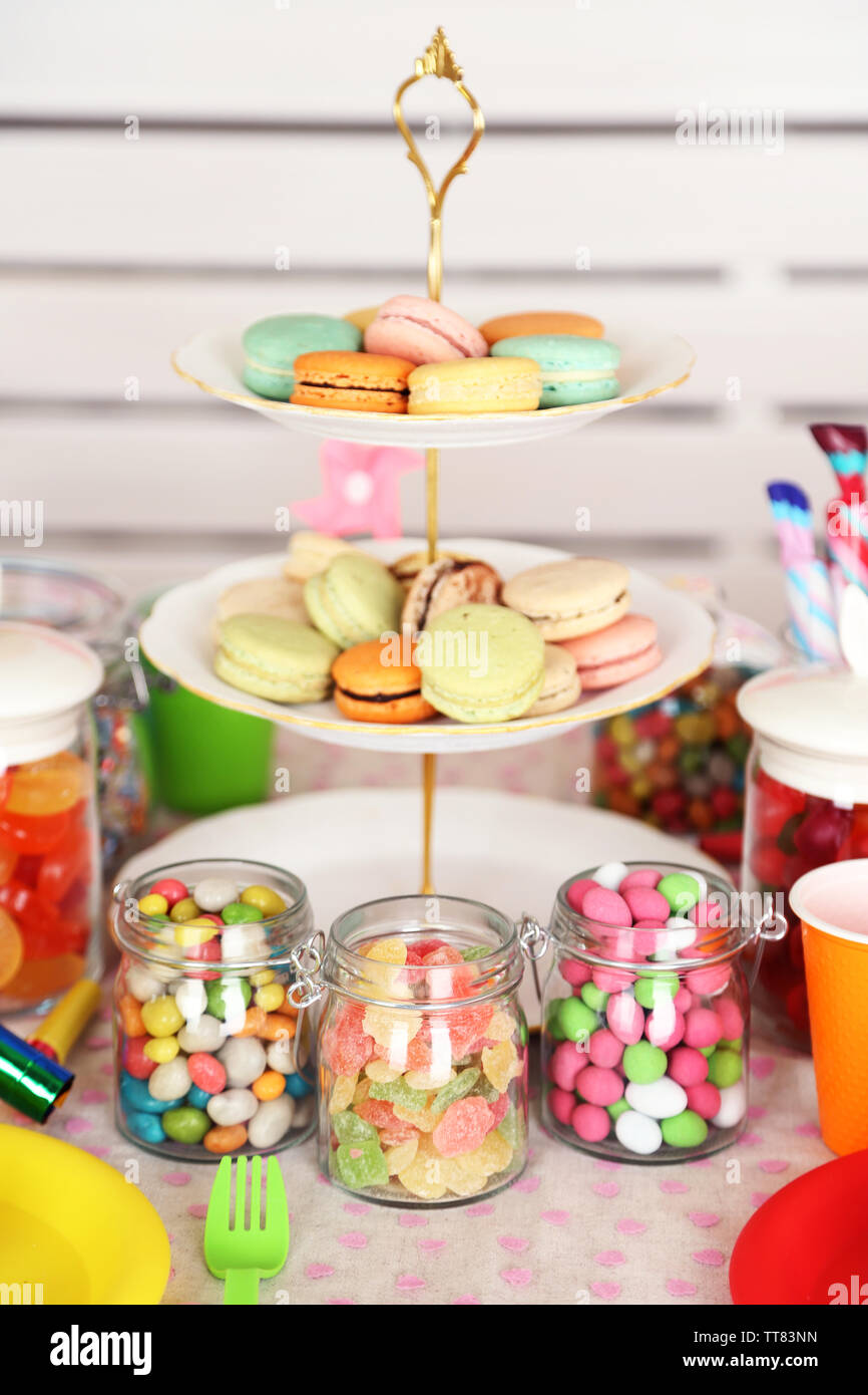 Prepared birthday table with sweets for children party Stock Photo - Alamy
