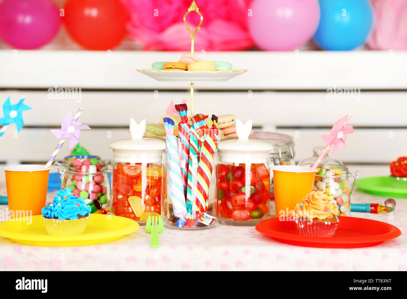 Prepared birthday table with sweets for children party Stock Photo - Alamy
