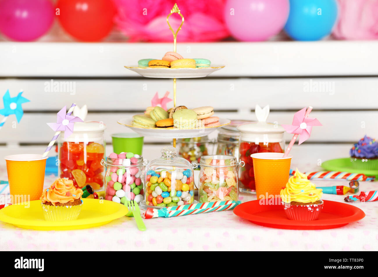 Prepared birthday table with sweets for children party Stock Photo - Alamy