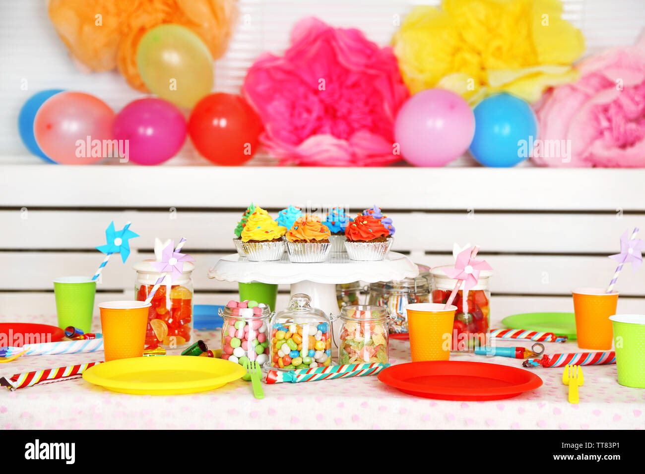 Prepared birthday table with sweets for children party Stock Photo - Alamy
