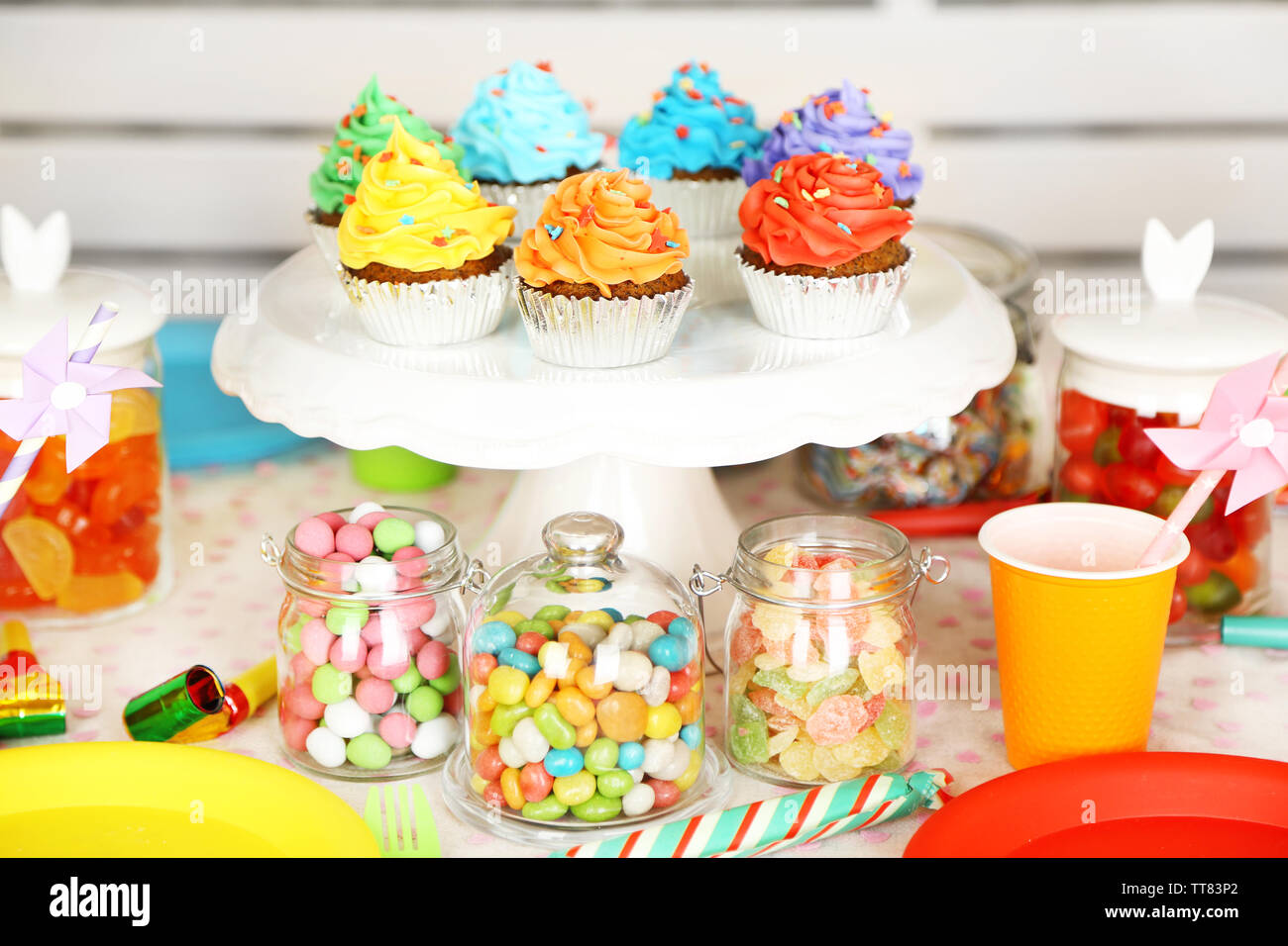 Prepared birthday table with sweets for children party Stock Photo - Alamy