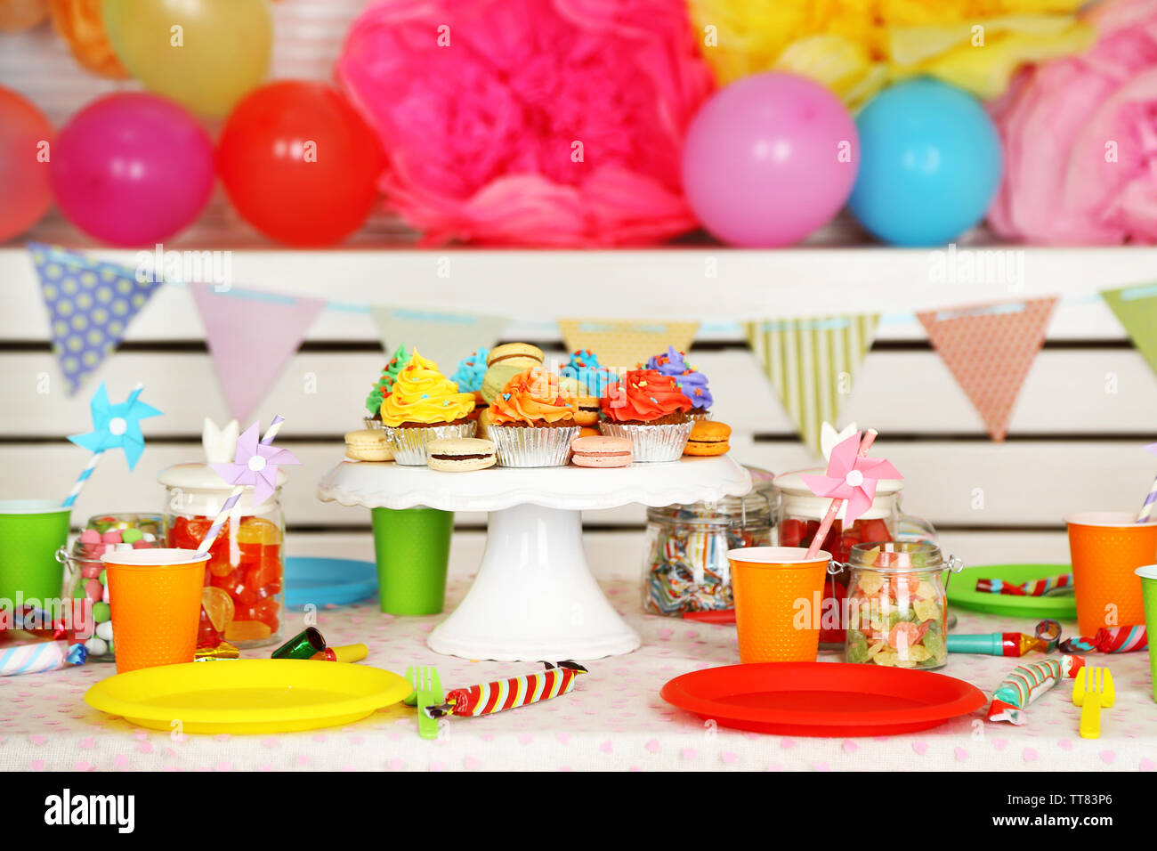 Prepared birthday table with sweets for children party Stock Photo - Alamy
