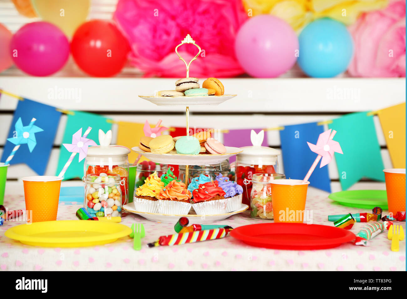 Prepared birthday table with sweets for children party Stock Photo - Alamy