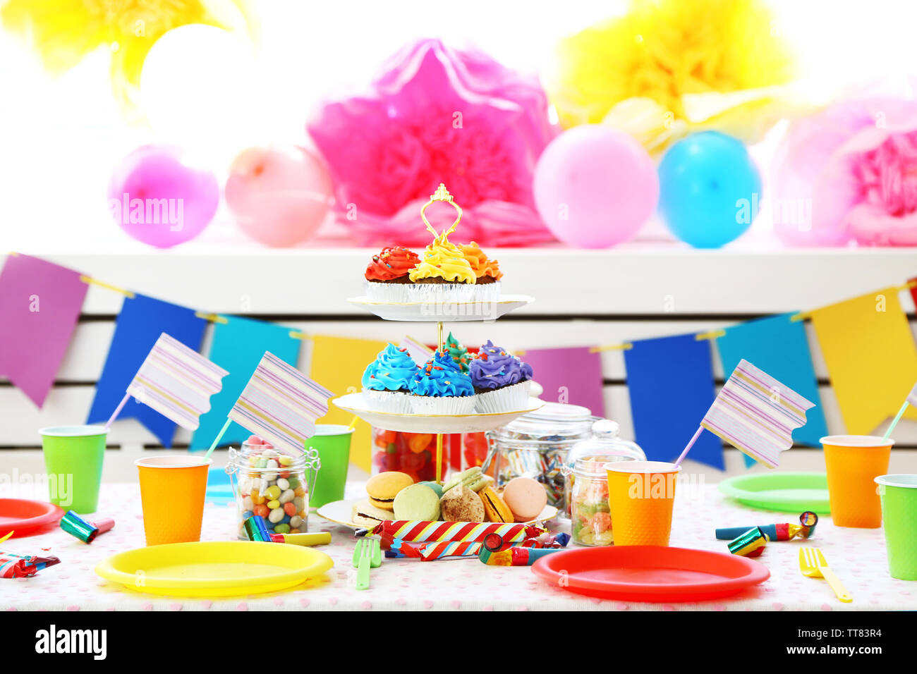 Prepared birthday table with sweets for children party Stock Photo - Alamy