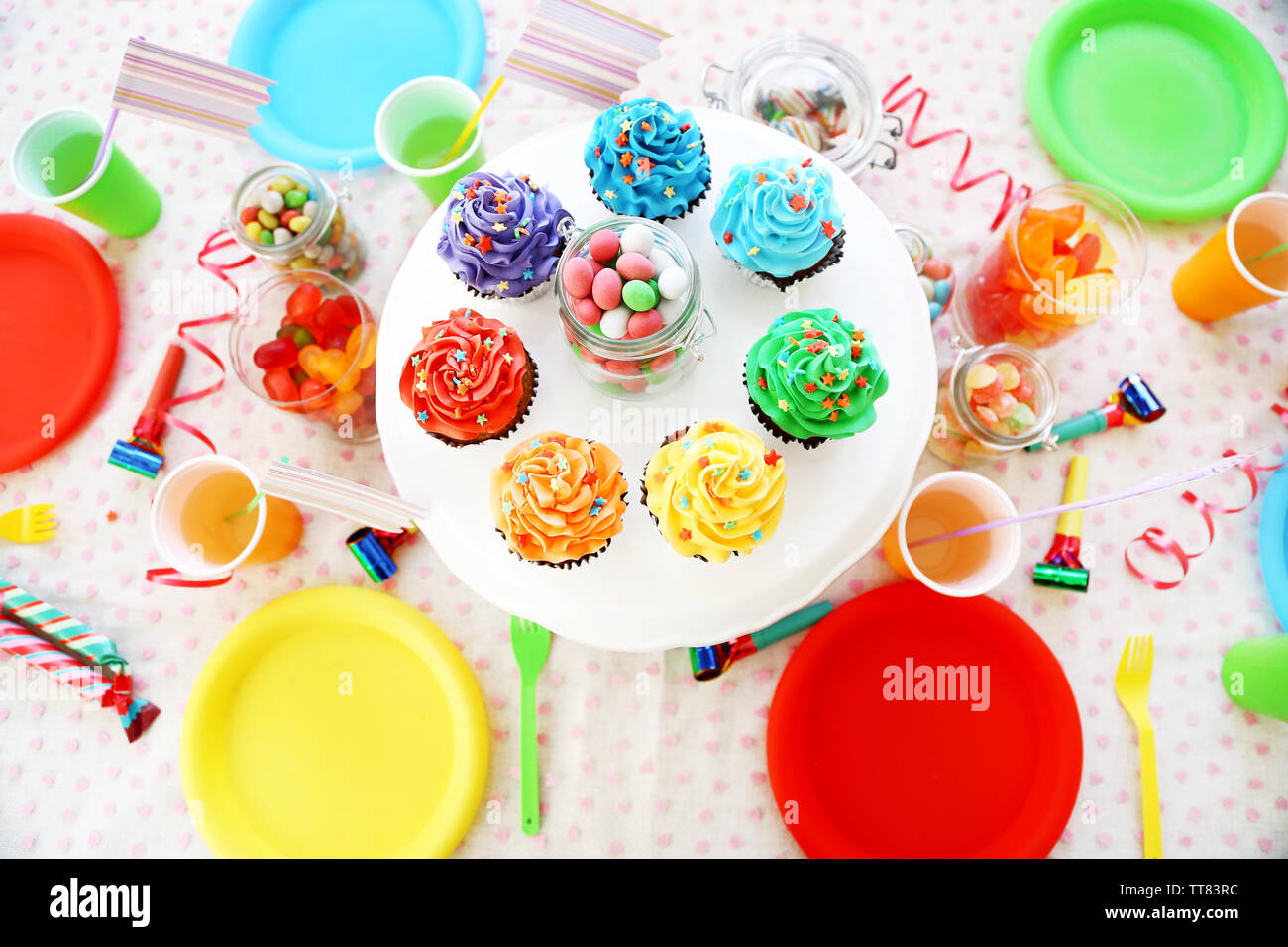 Prepared birthday table with sweets for children party Stock Photo - Alamy