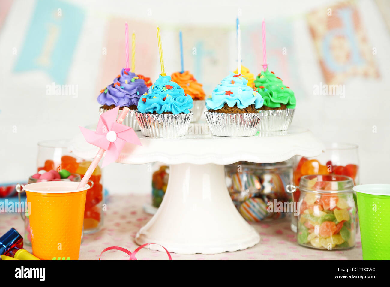 Prepared birthday table with sweets for children party Stock Photo - Alamy