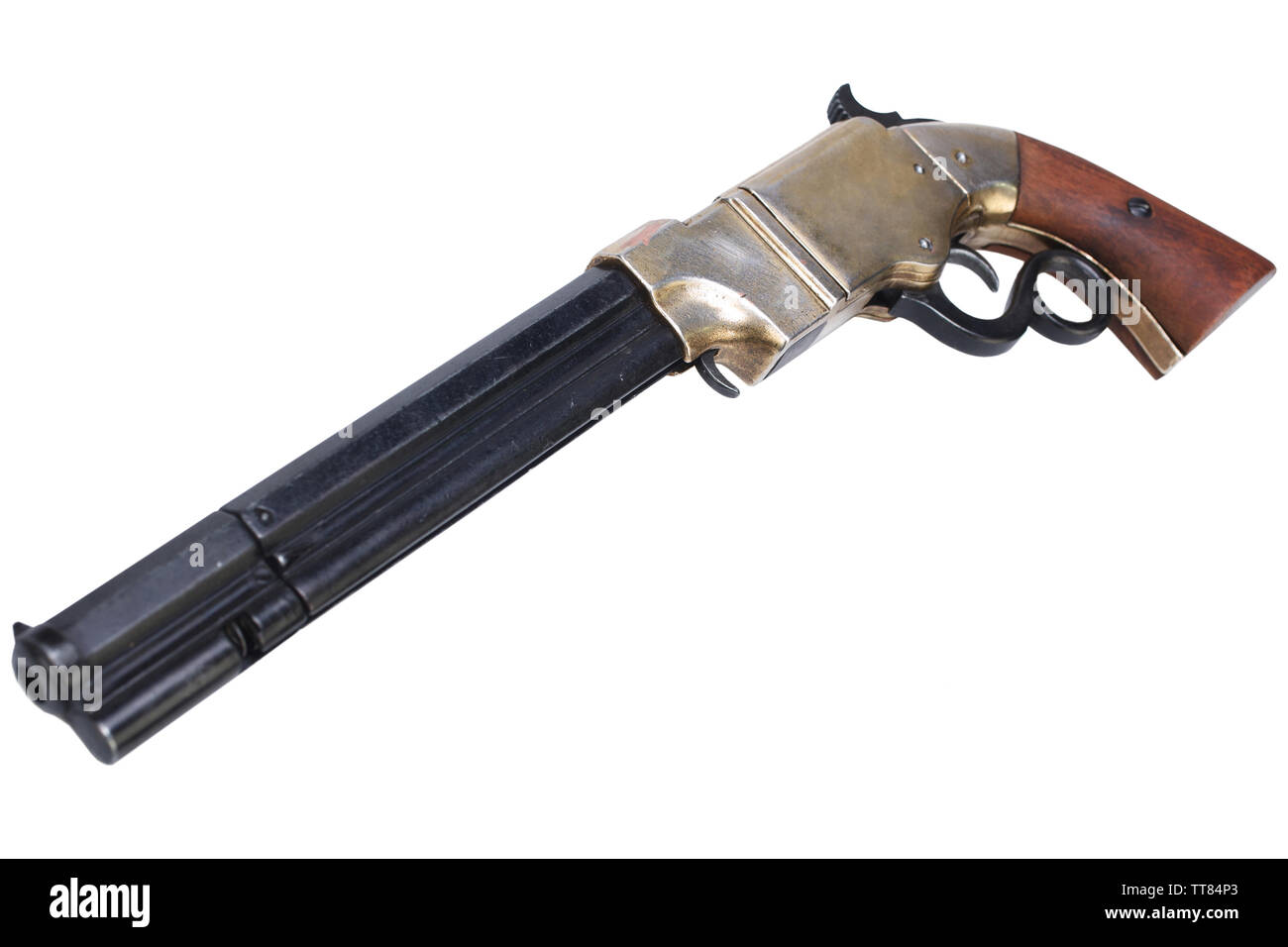 Old vintage weapon - Volcanic Repeating Pistol isolated on white ...