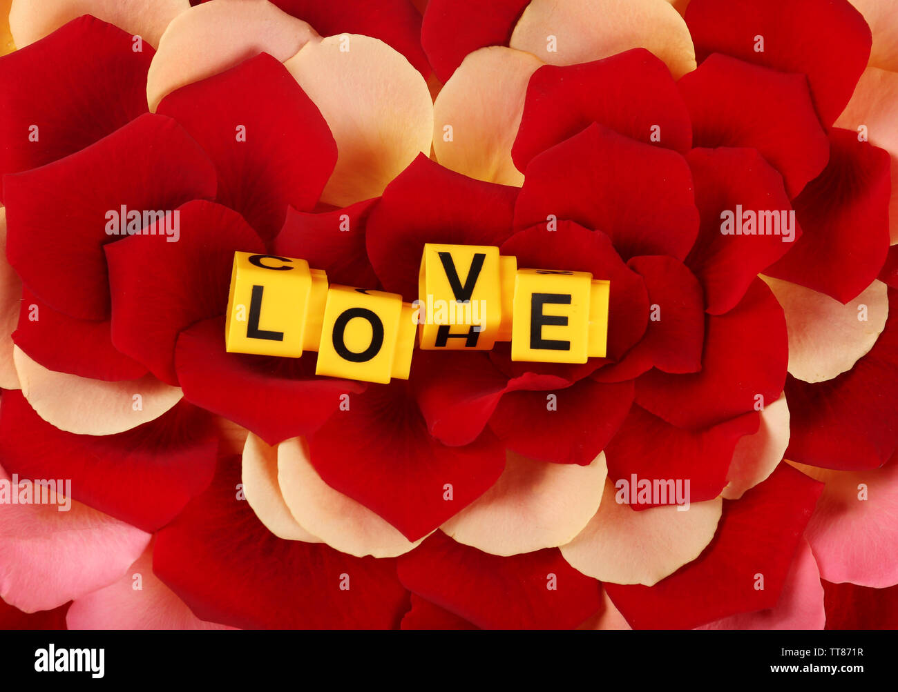Decorative letters forming word LOVE on petals of roses background ...