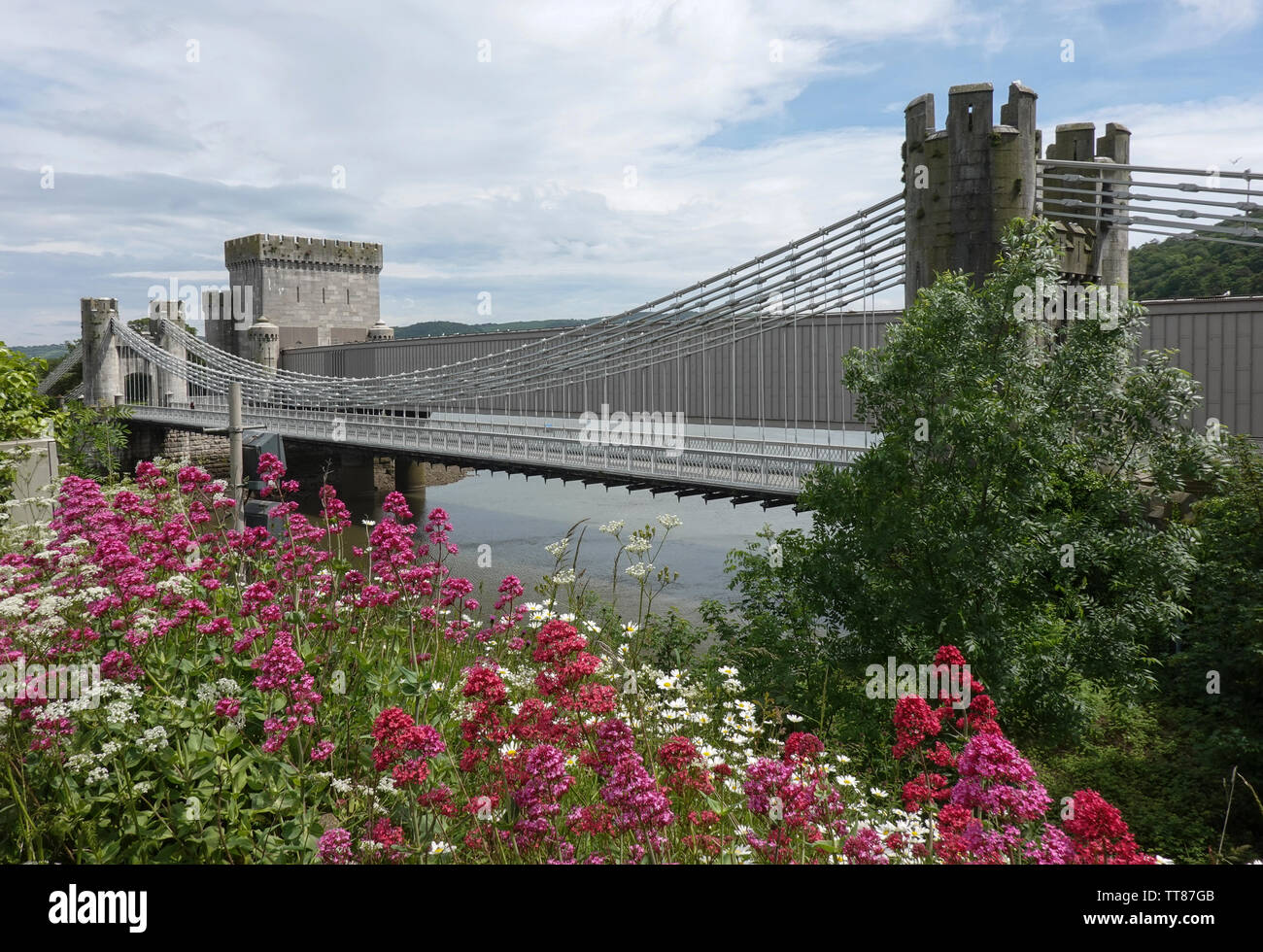 Conwy Suspension Bridge and Tubular Railway Bridge -1 Stock Photo - Alamy