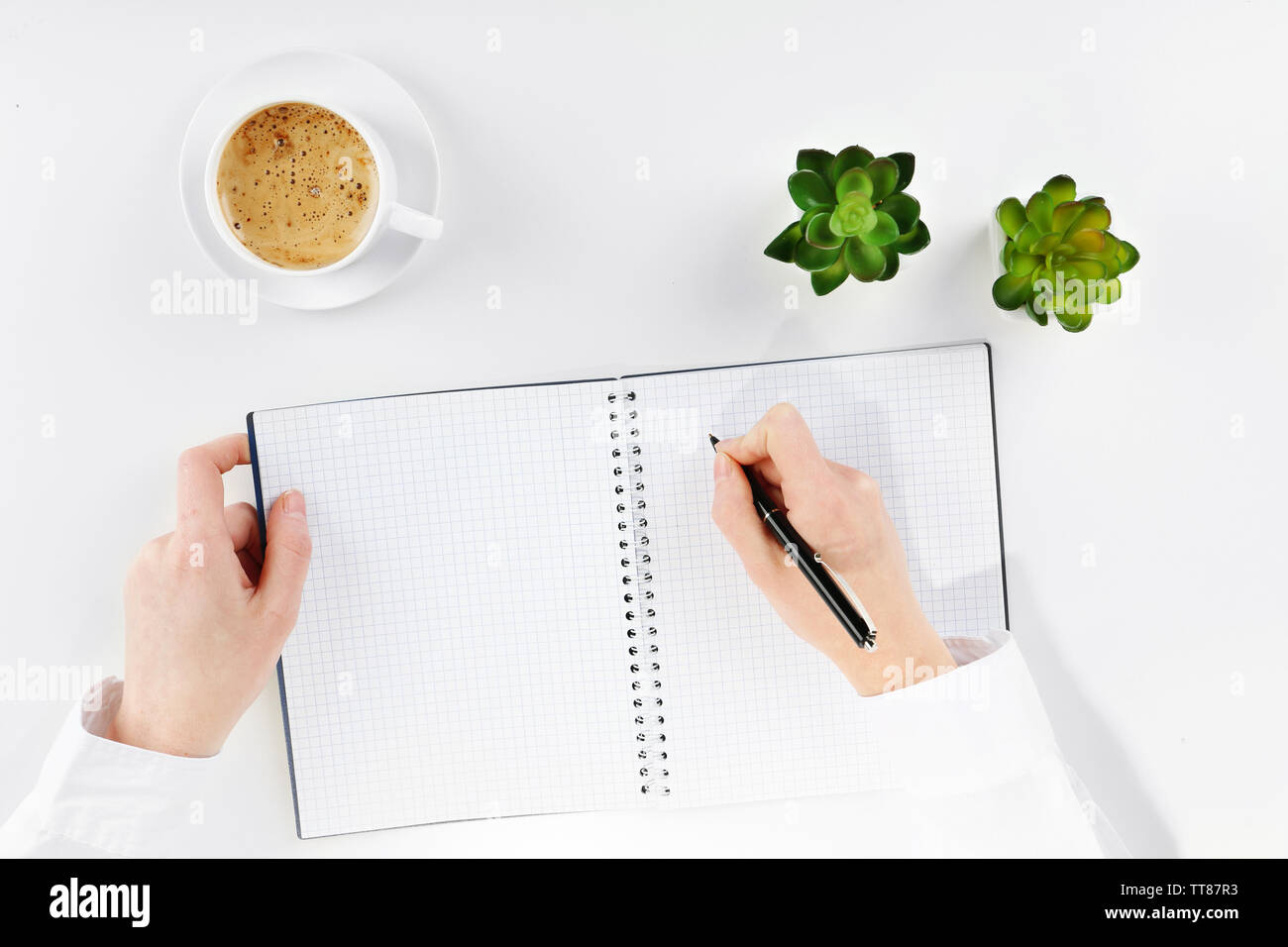 Hands working in the office with notebook, on white background Stock ...